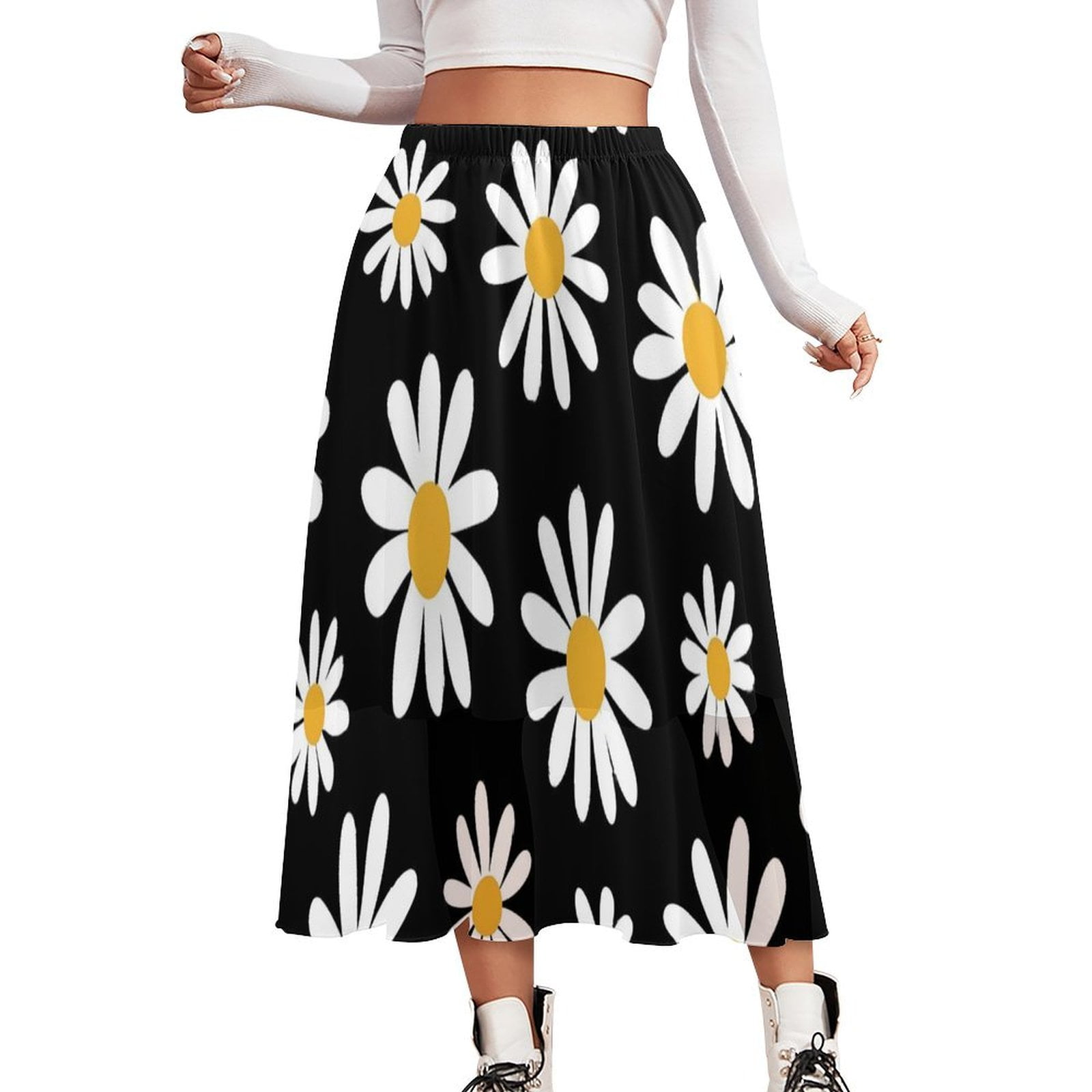 Retro Flower Power Skirt Happy Daisies Retro Long Skirts Spring Street Wear High Waist Chiffon ...