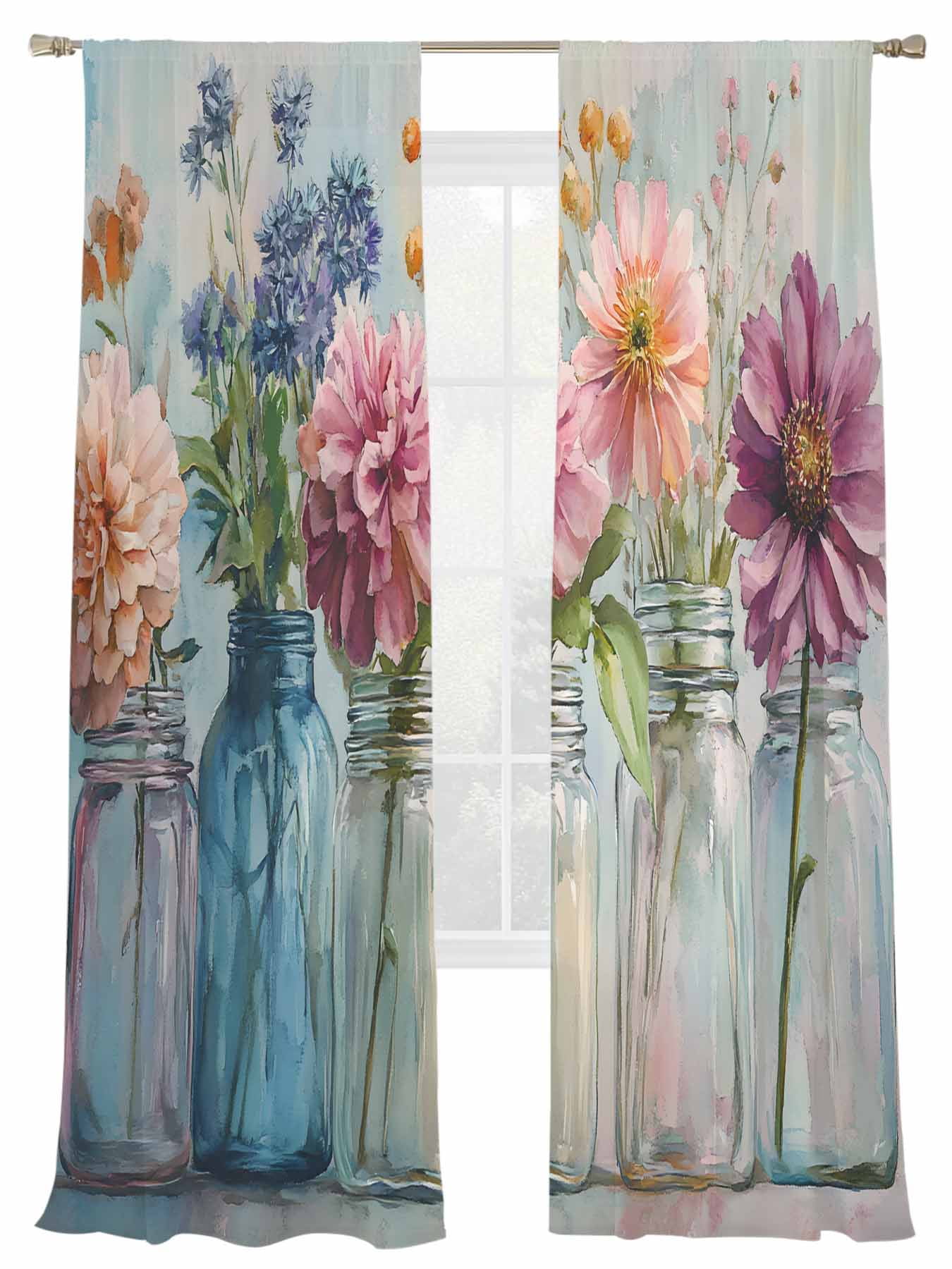 Retro Flower Sheer Curtains for Living Room Bedroom, Oil Painting ...