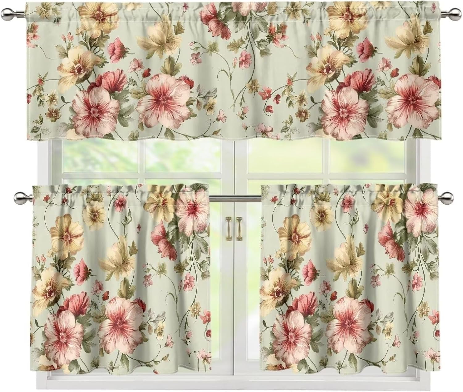 Retro Flower Small Kitchen Window Curtains Over Sink Short Blackout ...