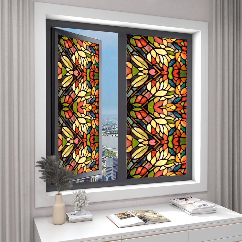 Retro Flower Stained Glass Window Film Removable Bathroom Window Film ...