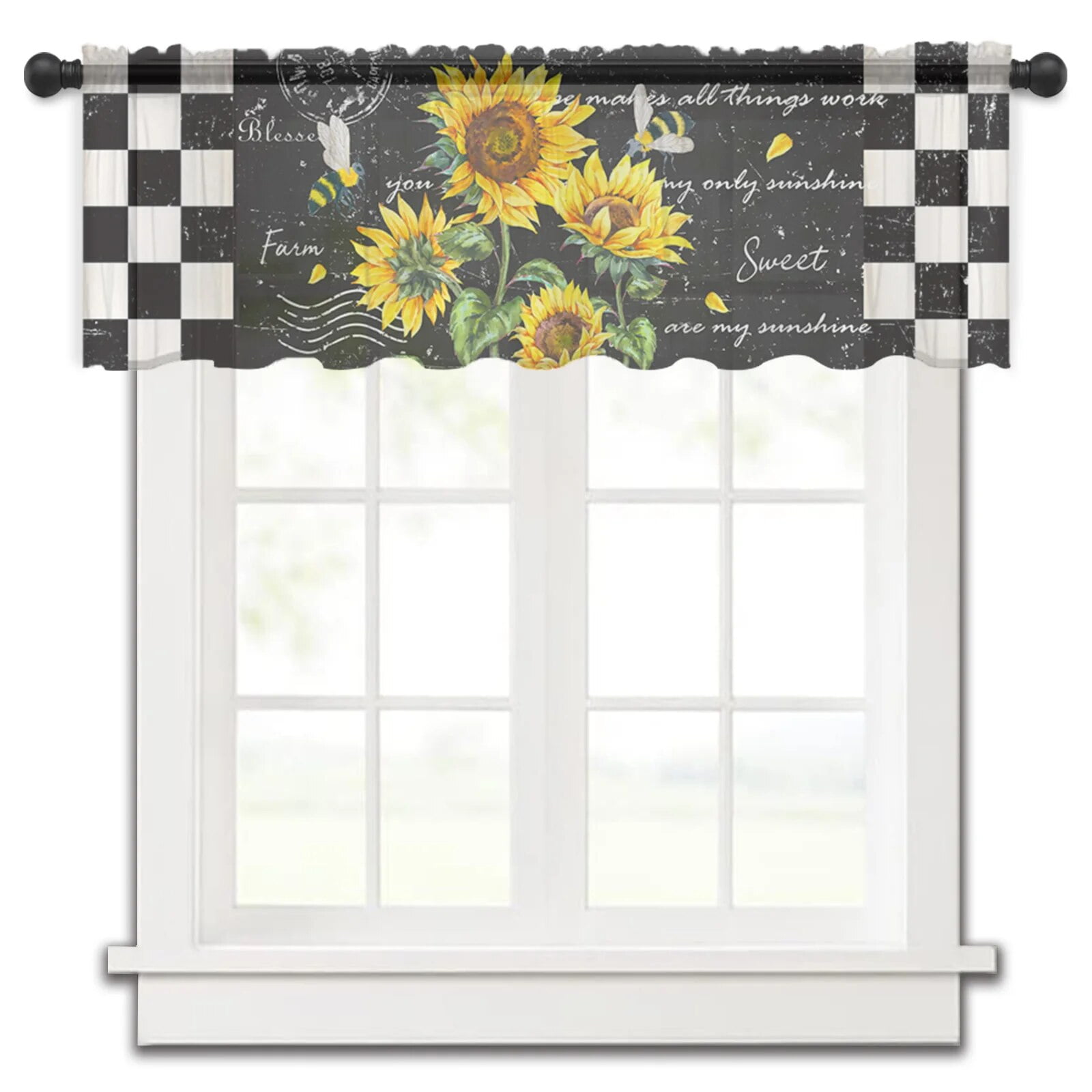 Retro Flower Sunflower Bee Plaid Rod Pocket Short Curtain Half-Curtain ...