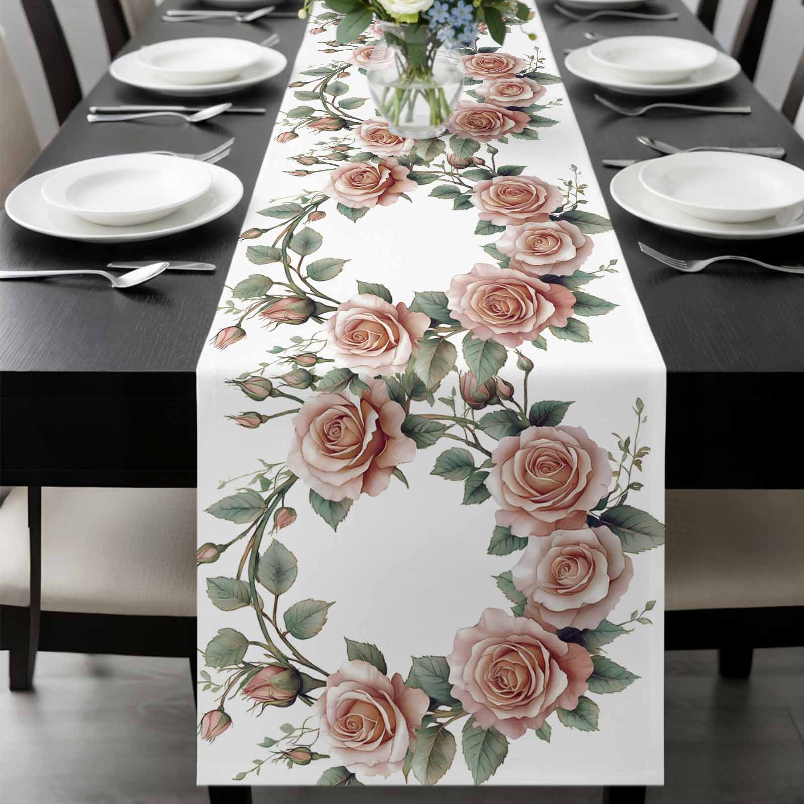 Retro Flower Table Runner 48 Inches Long, Pastoral Pastel Pink Rose ...