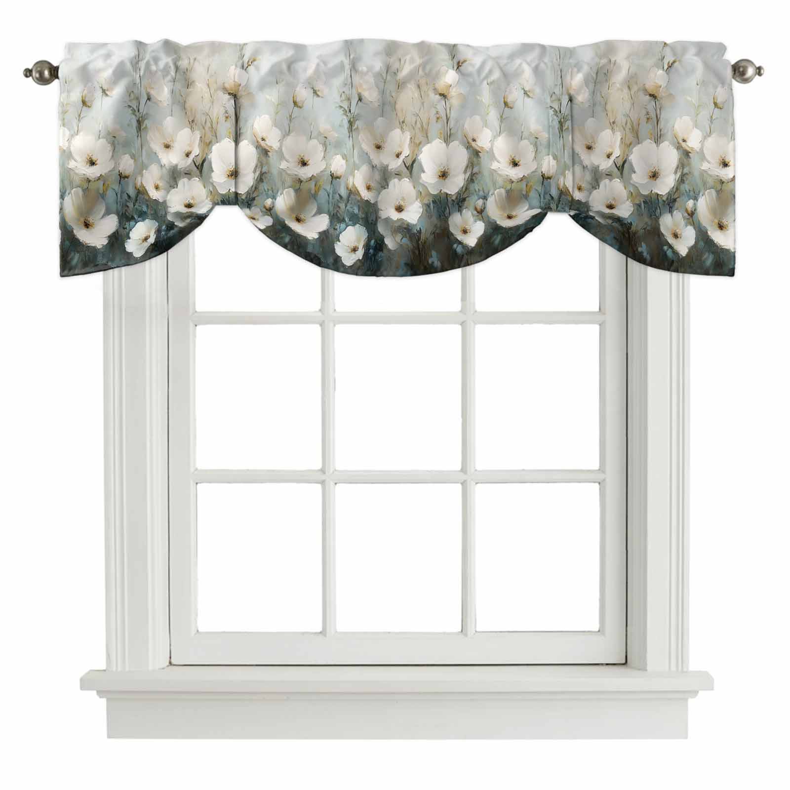 Retro Flower Tie Up Valance for Windows, Spring White Floral Green Leaf ...