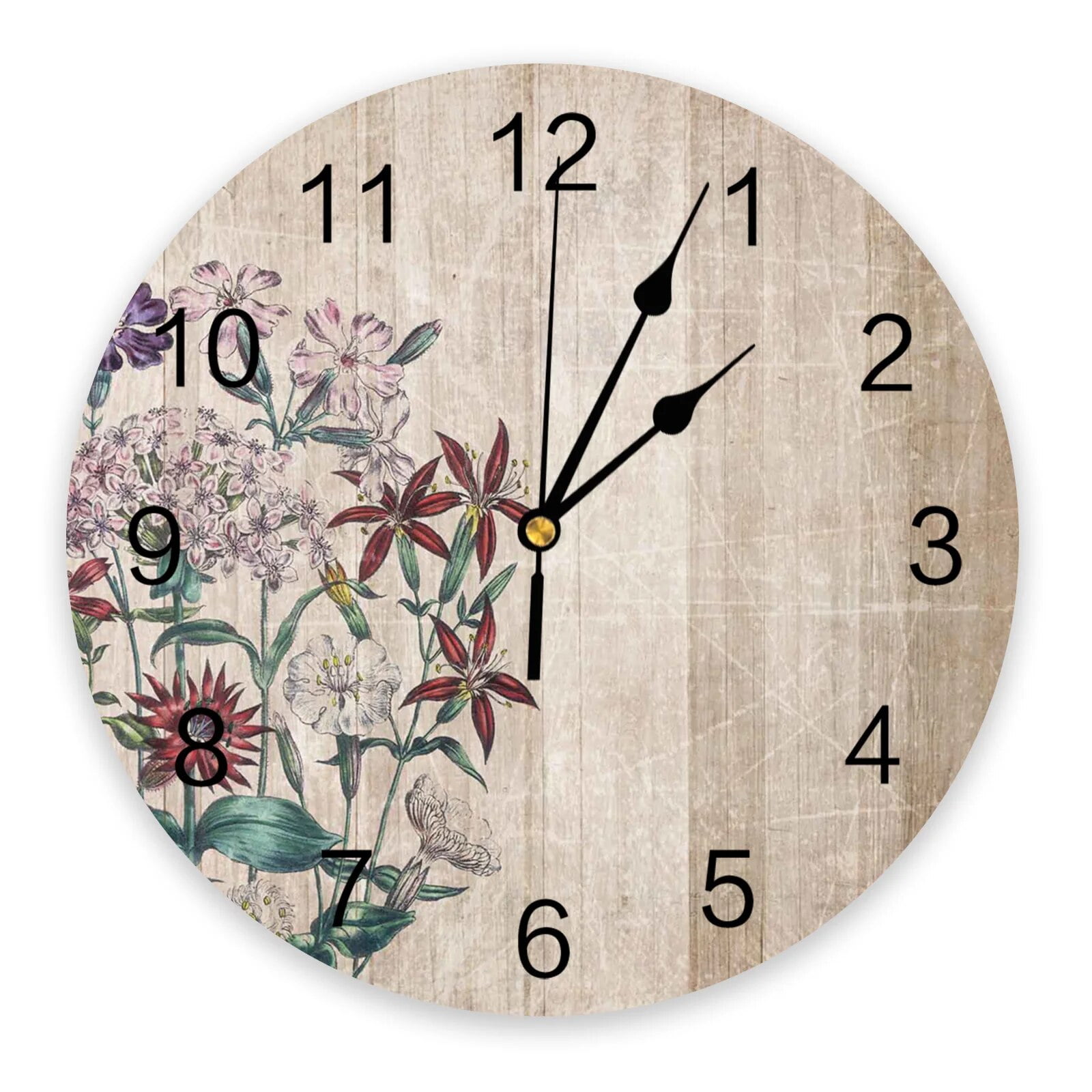 Retro Flower Wood Grain PVC Wall Clock Modern Design Living Room ...