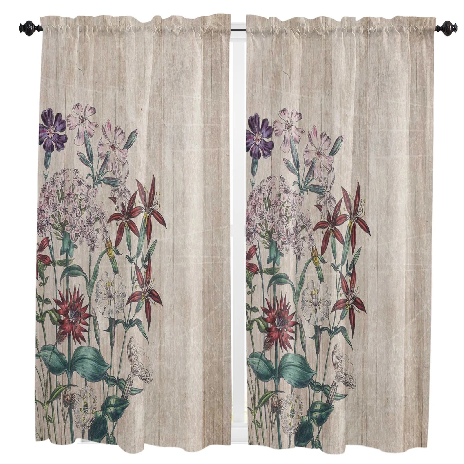Retro Flower Wood Grain Small Curtain Rod Pocket Short Curtains Half ...