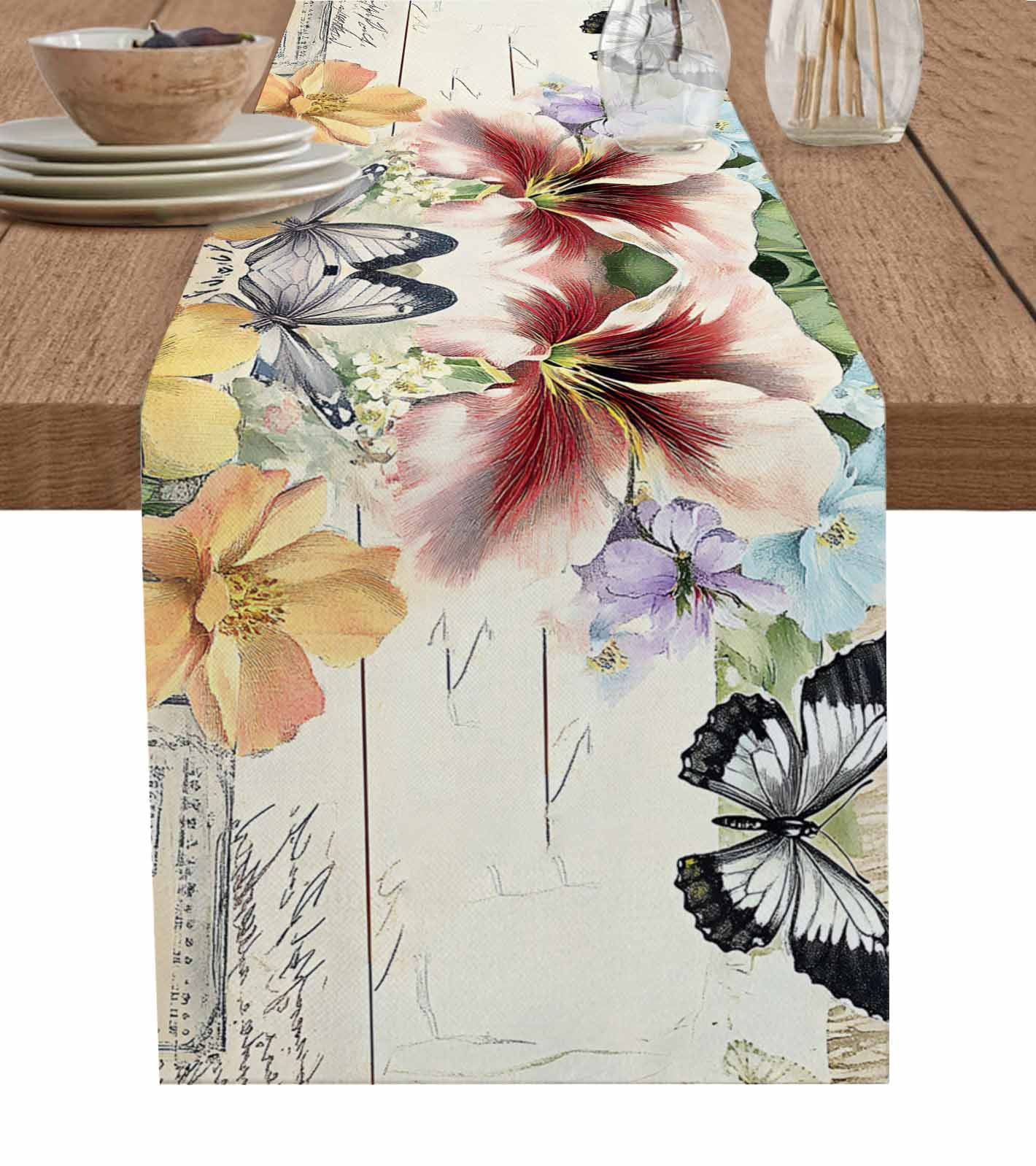 Retro Flowers Blossom Burlap Cotton Table Runner 16x72 Inches Long ...