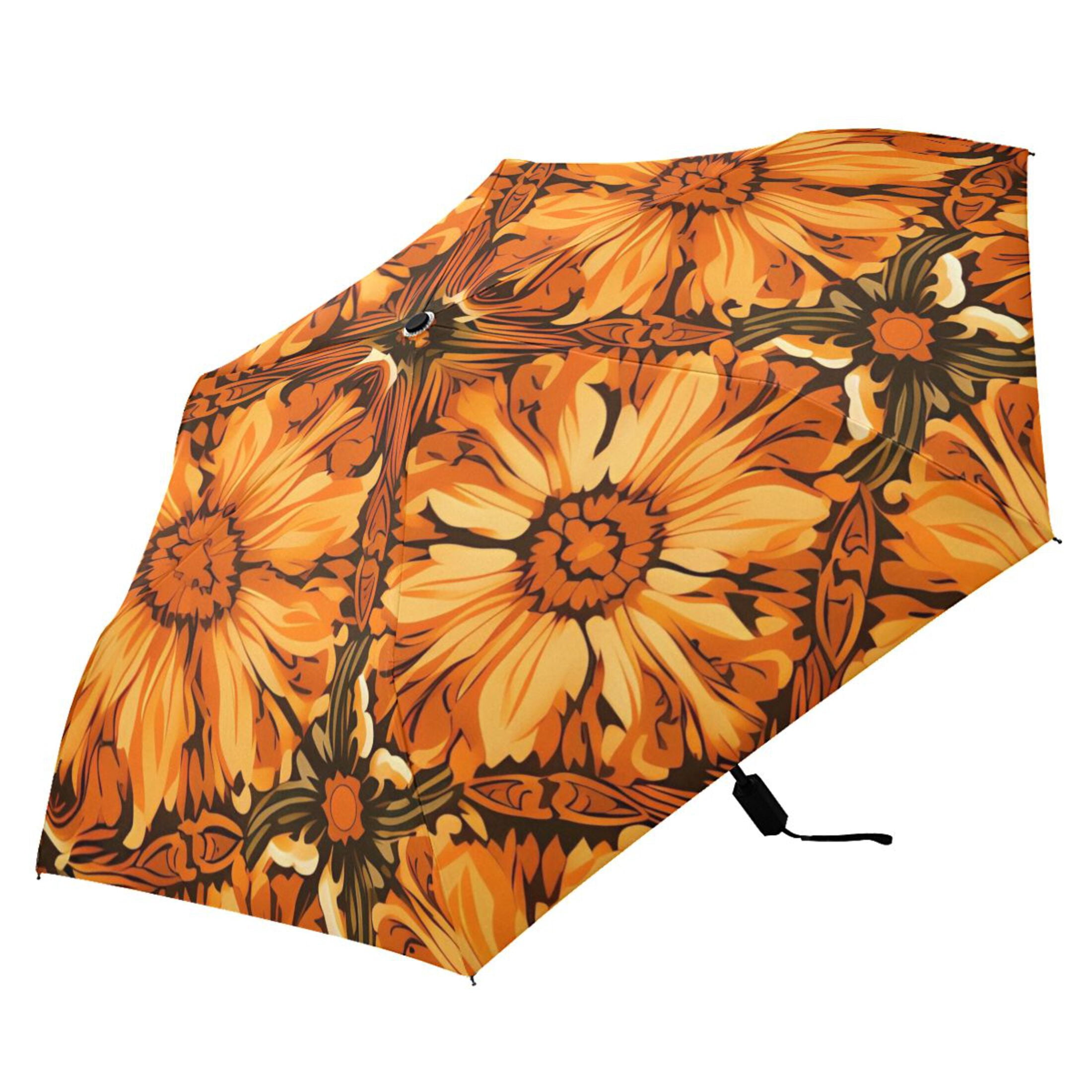 Retro Flowers Paint Compact Folding Umbrella for Rain Windproof Travel ...