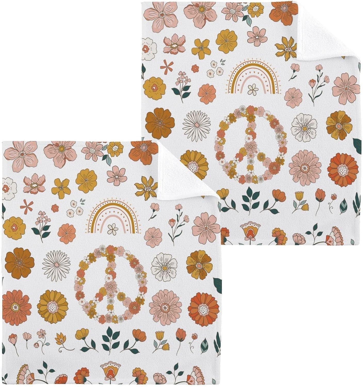Retro Flowers Peace Sign Washcloth 12x12in Set, 2 Pack Absorbent Cotton ...