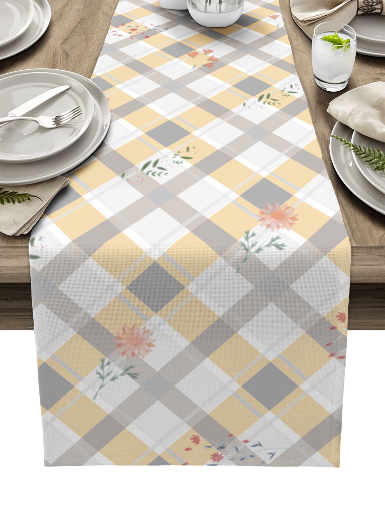 Retro Flowers Plaid, Table Runner 108 Inches, Farmhouse Country Fantasy ...