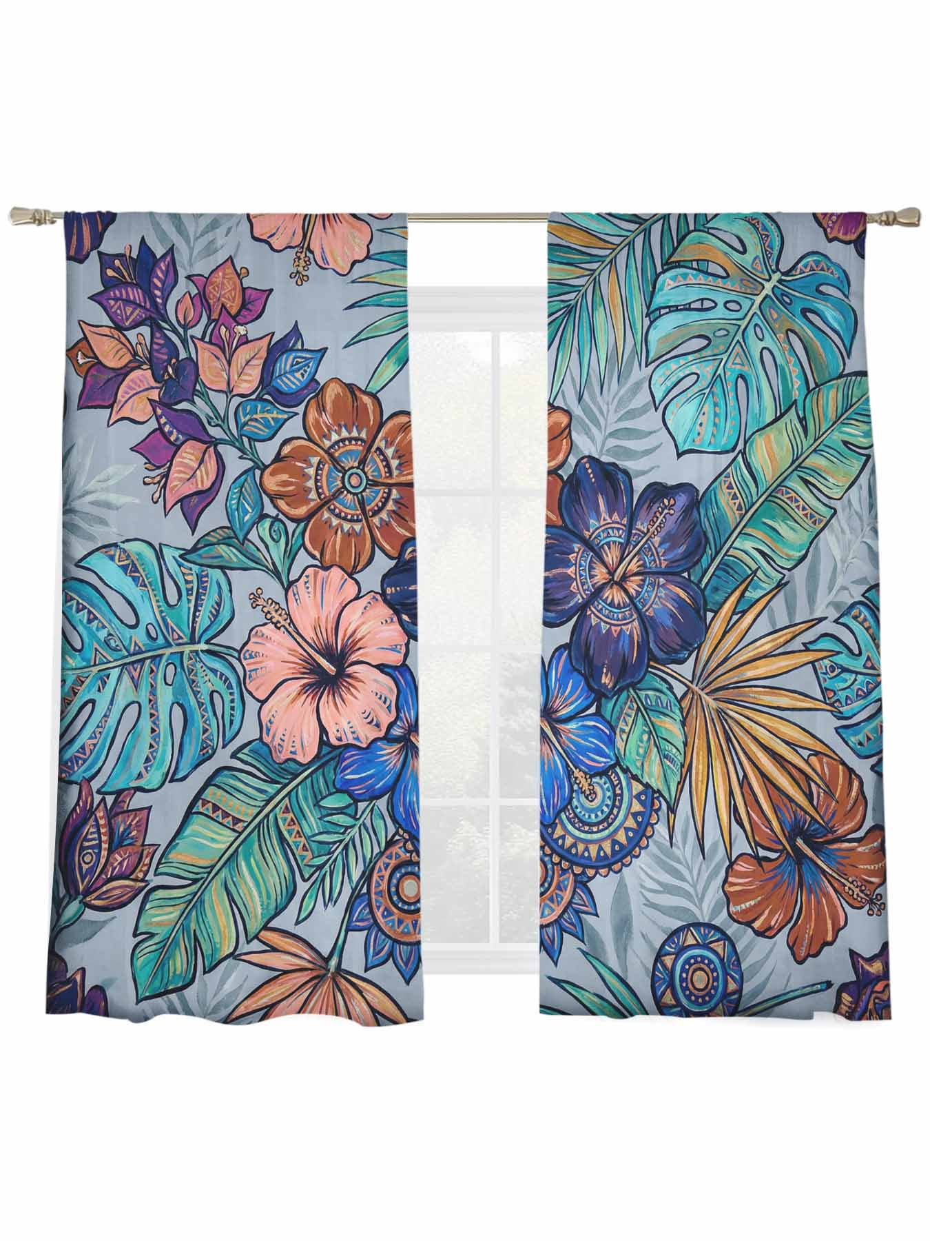 Retro Flowers Sheer Curtains 2 Panels Set Blue Brown Flower Green Leaf ...