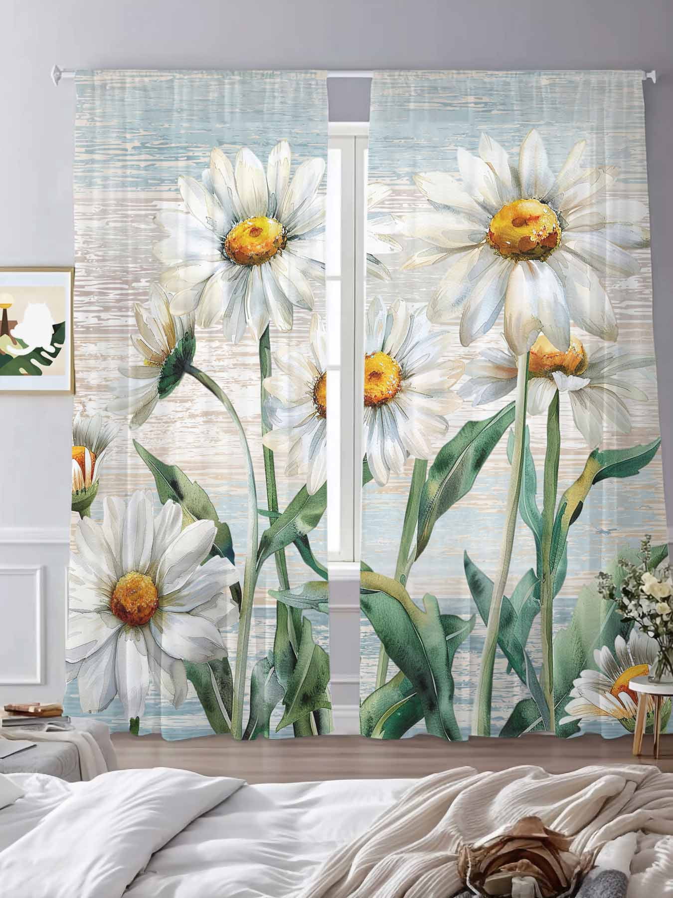 Retro Flowers Sheer Curtains 96 inches Long 2 Panels Set Daisy ...