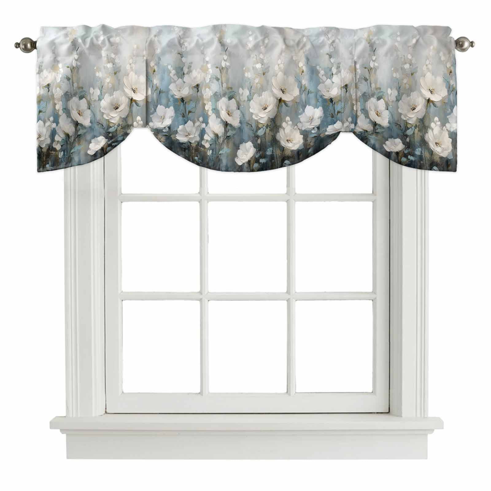 Retro Flowers Tie Up Valance for Windows, Spring White Floral Green ...