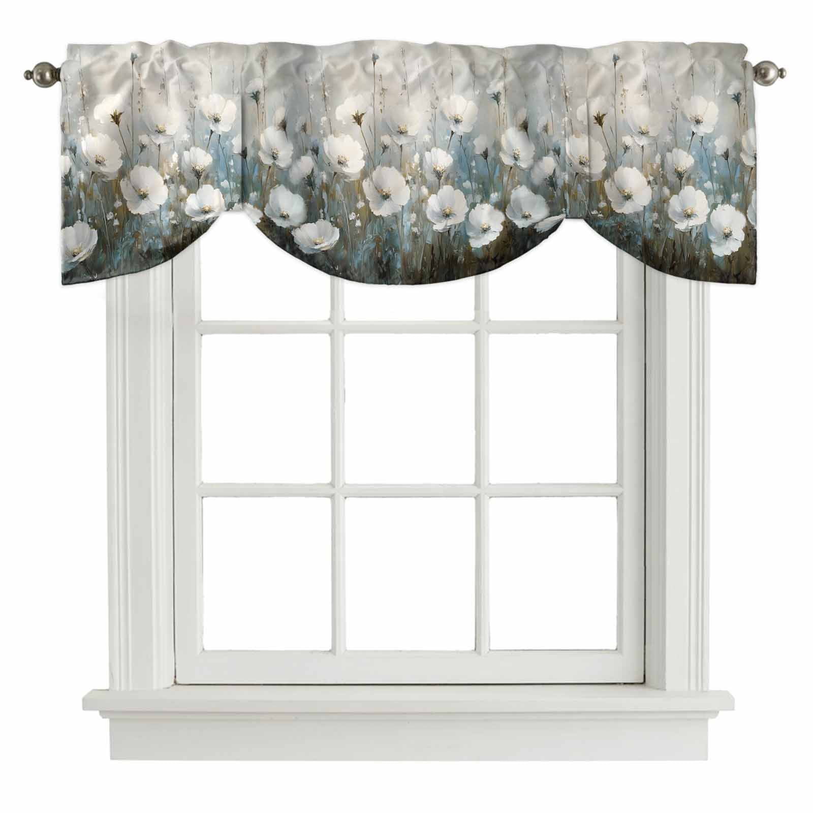 Retro Flowers Tie Up Valance for Windows, Spring White Floral Green ...