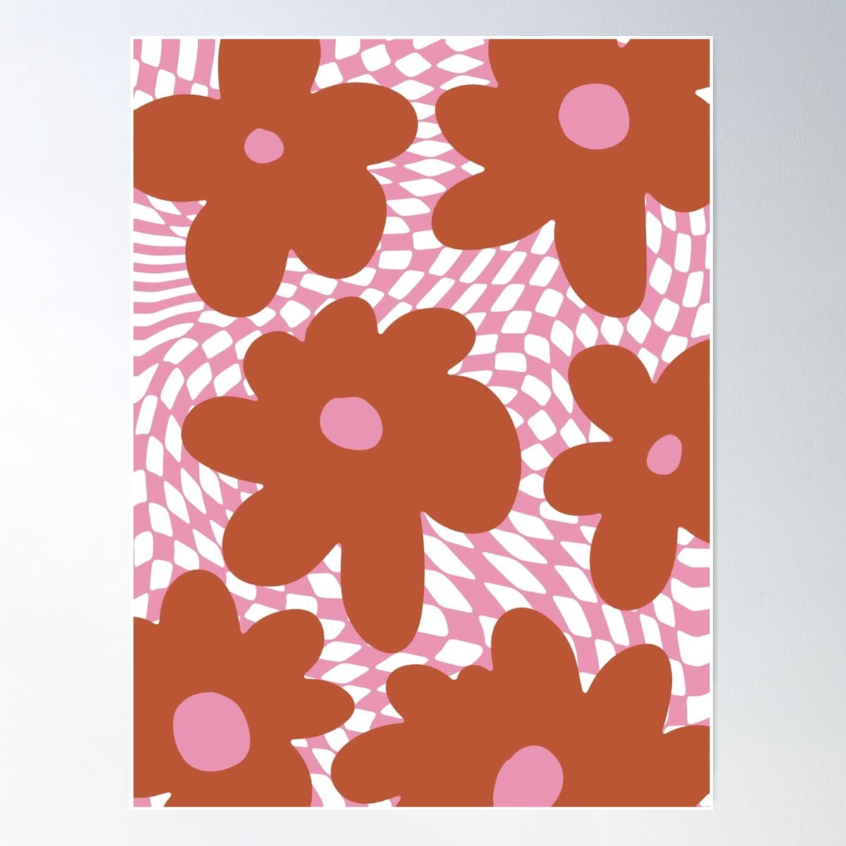 Retro Flowers On Warped Checkerboard \ Muted Pink And Terracotta Color ...