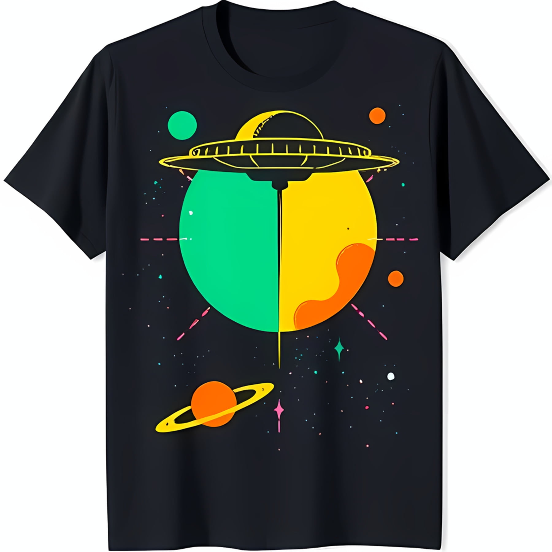 Retro Flying Saucer T-Shirt Colorful Planet Design on Black Tee ...