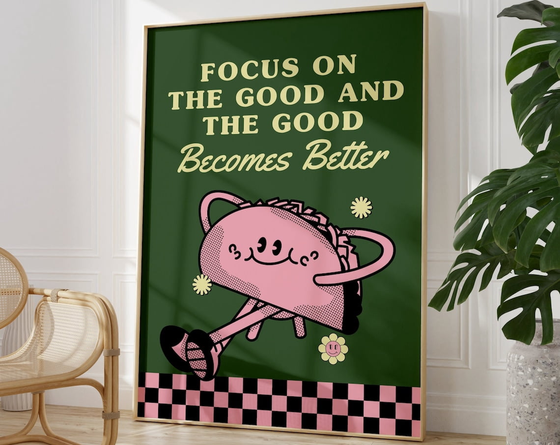 Retro Focus On The Good Poster • Vintage Teal Pink Retro Taco Character ...