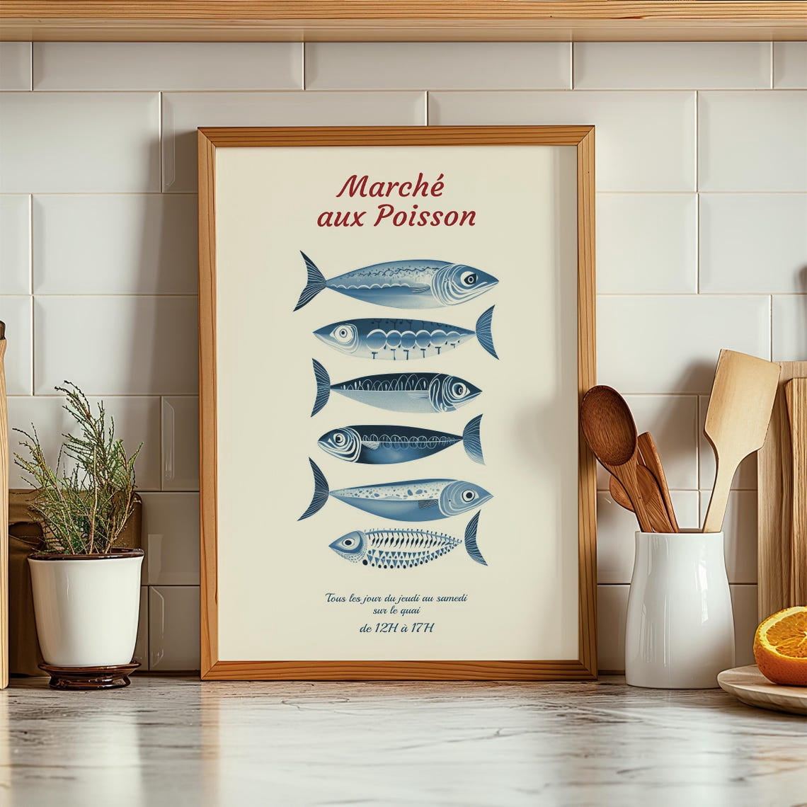 Retro Food Market Fish Vintage French Kitchen Blue Sardines Minimalist ...