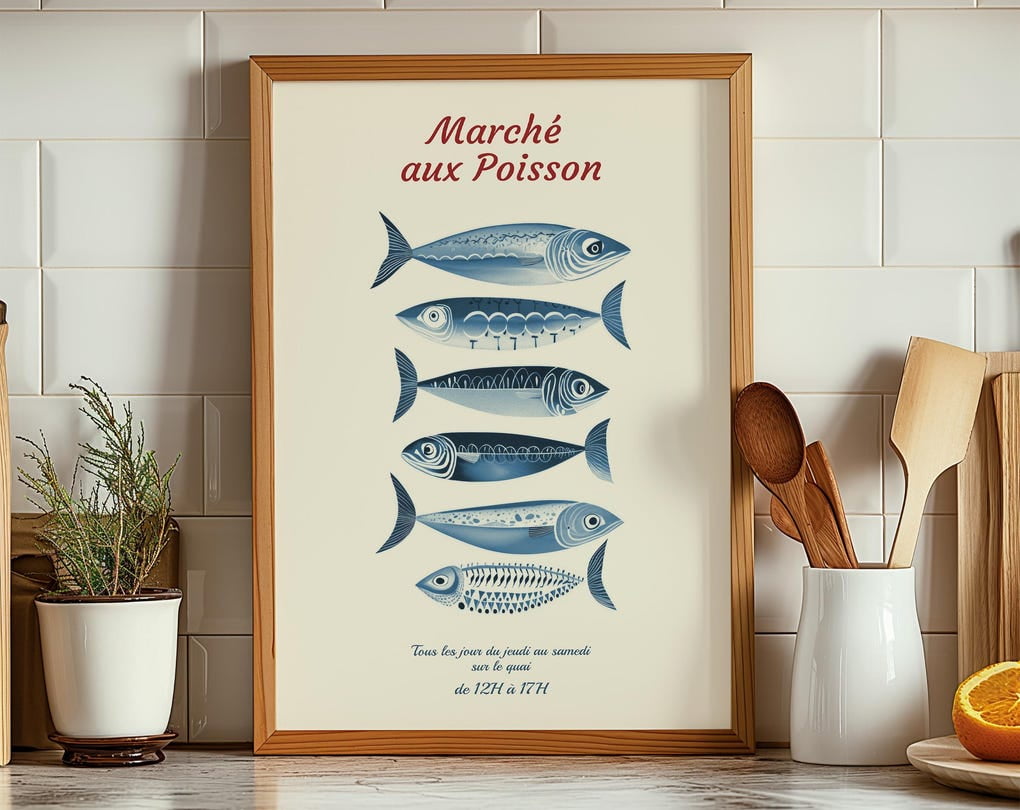 Retro Food Market Print Fish Wall Art Vintage French Kitchen Poster ...