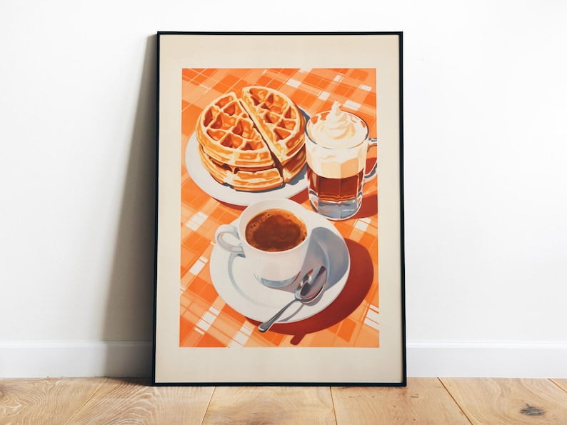 Retro Food Wall Art Print, Coffee and Waffles Poster, Printable Kitchen ...
