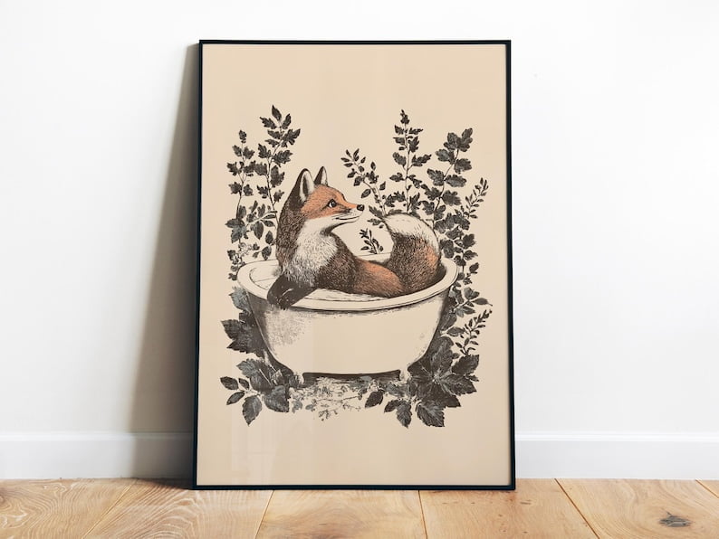 Retro Fox in Bathtub Print, Kid’s Bathroom Wall Art Printable ...