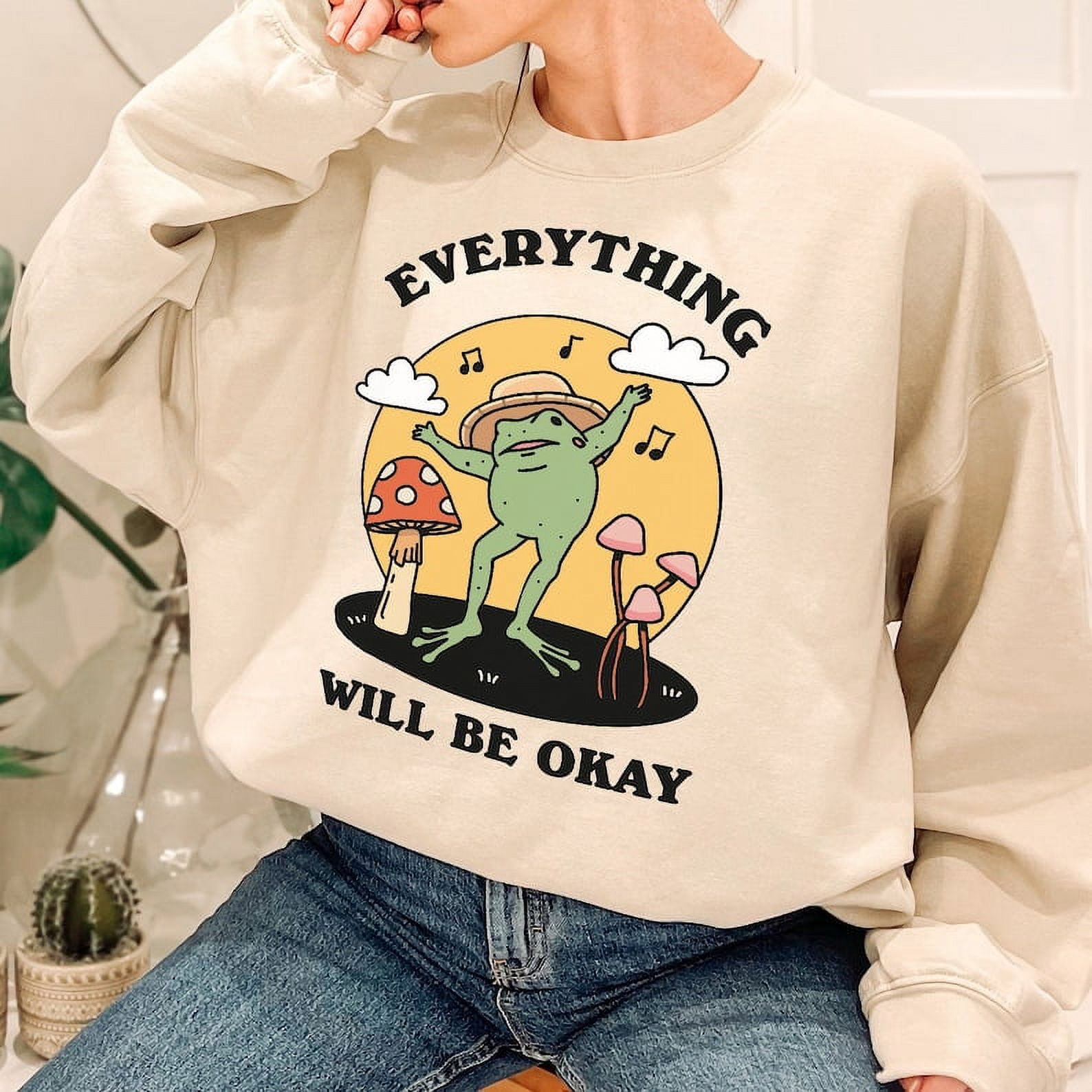 Retro Frog Cottagecore Sweatshirt, Trendy Positive Jumper, Cute College ...