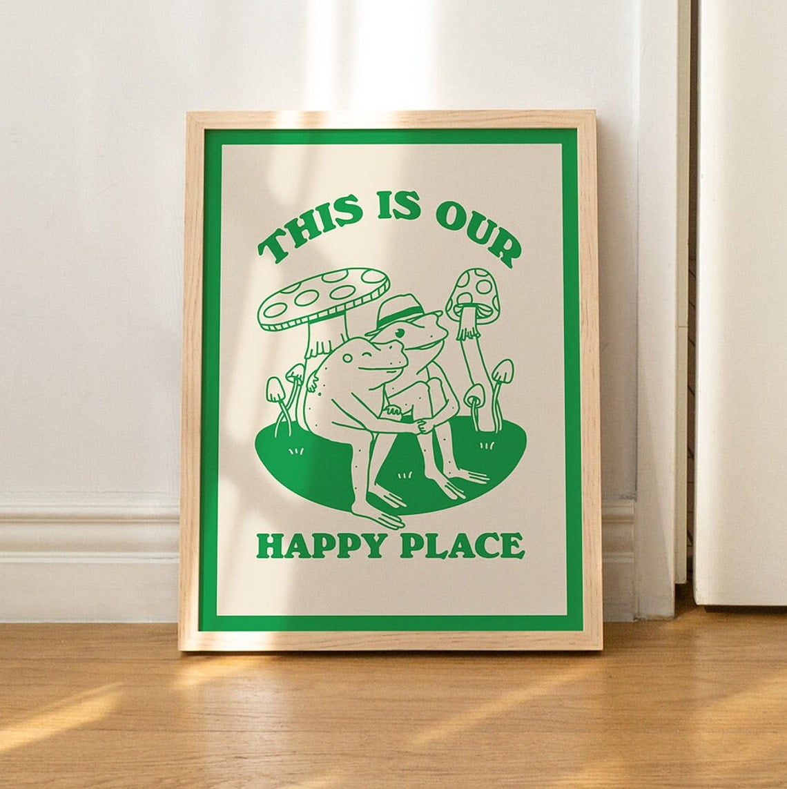 Retro Frog Wall Decor, Cottagecore Mushroom Print, Happy Place Quote ...