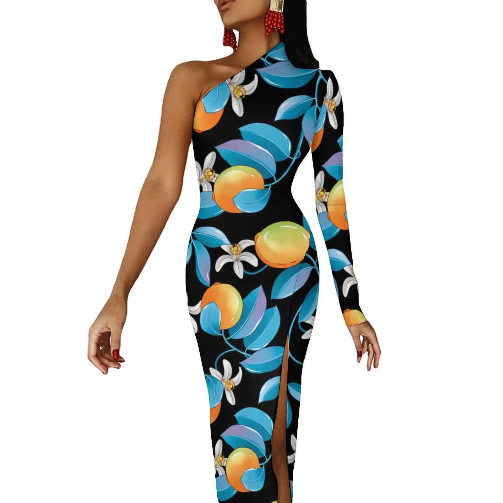 Retro Fruit Print Bodycon Dress Female Citrus And Lemons Maxi Dress One ...