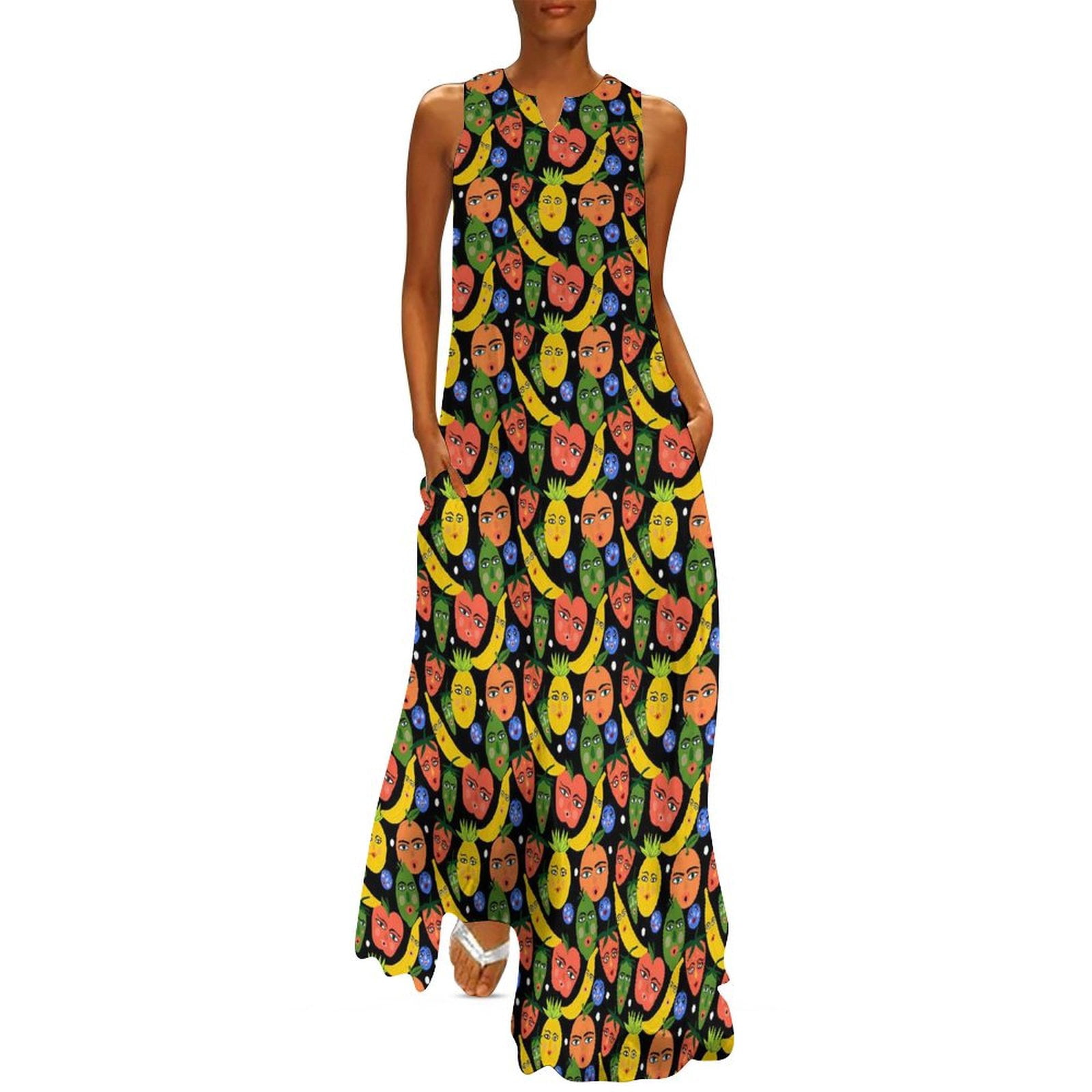Retro Fruit Print Dress Citrus And Lemons Sexy Maxi Dress Street Style ...