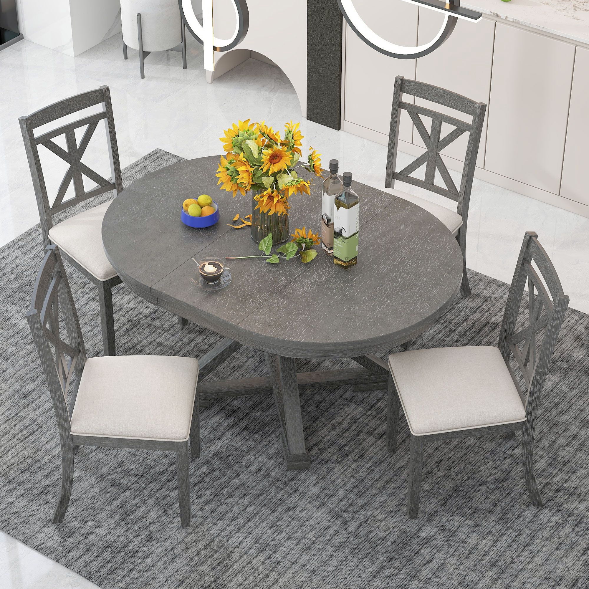 Retro Functional Dining Table Set with Extendable Round Table and 4 ...