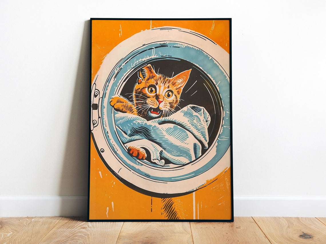 Retro Funny Laundry Cat Poster Laundry Wall Art Bathroom Poster Retro ...