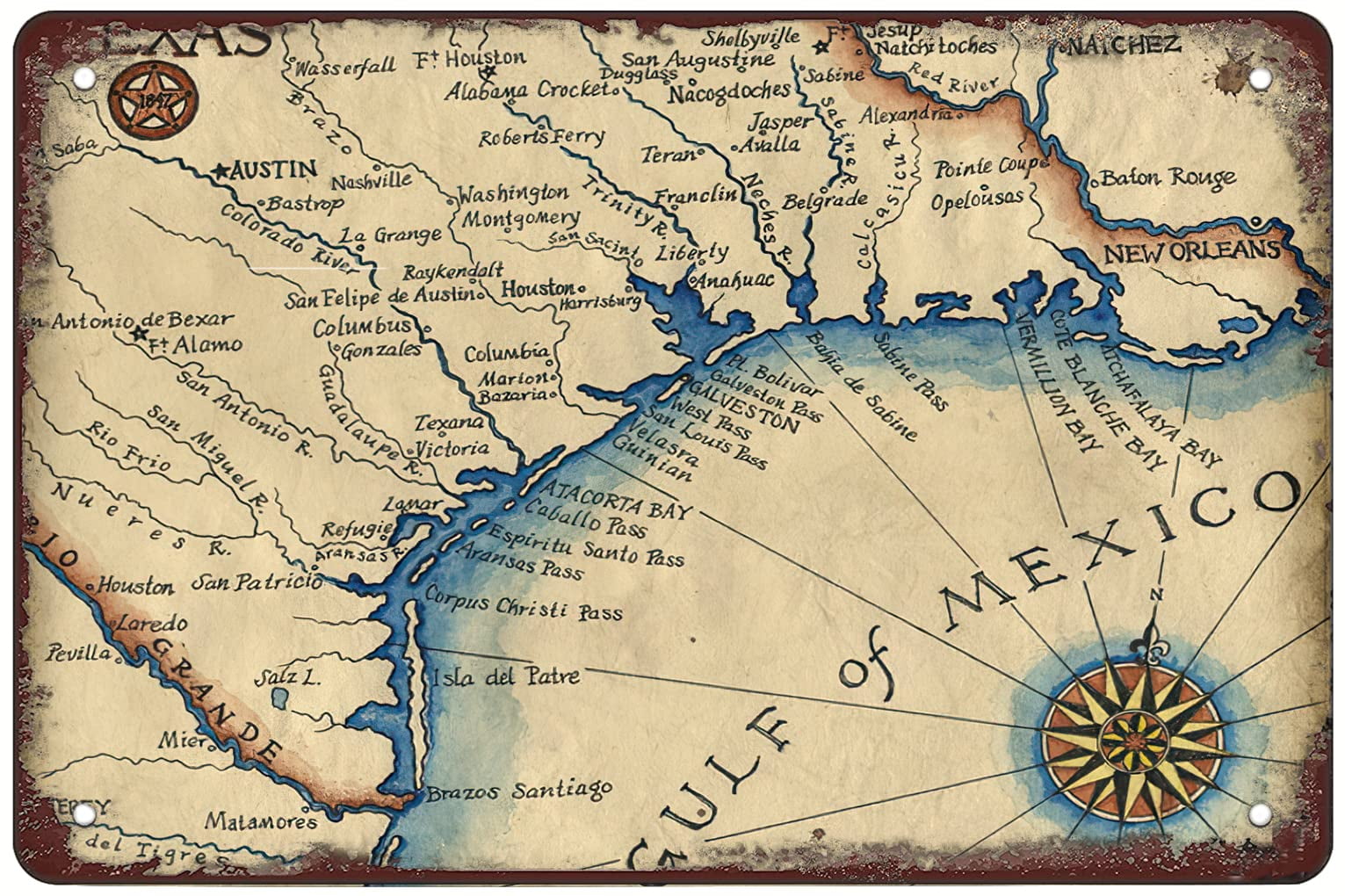 Retro Funny Metal Sign Sheet Signs Tin Sign, 1847 Texas Coast Map ...