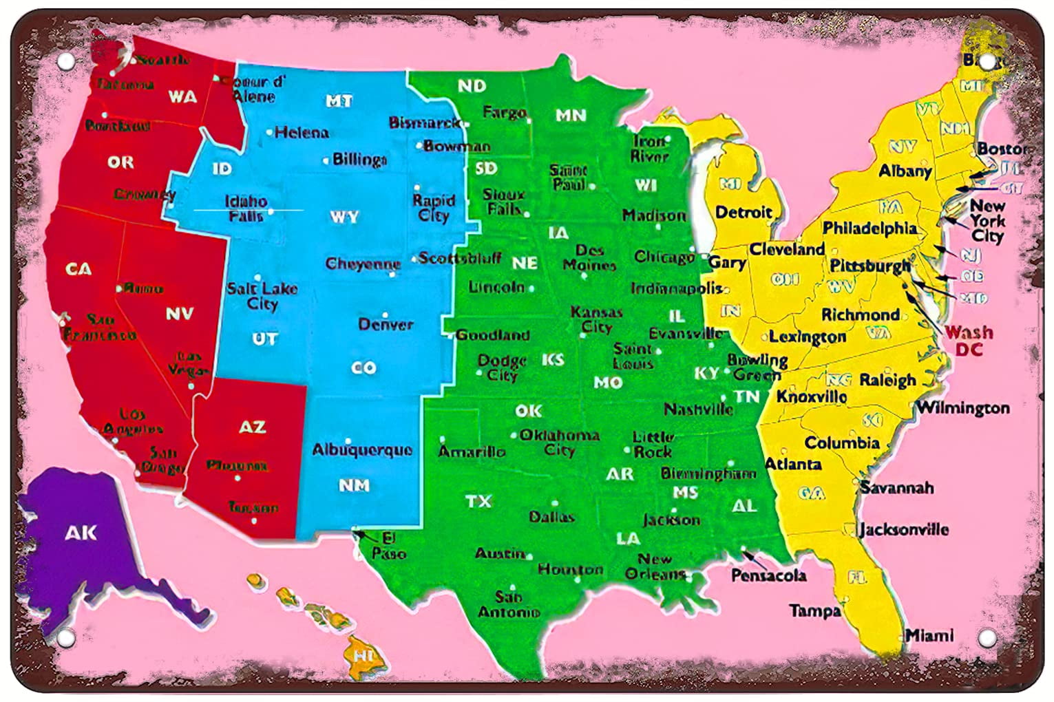 Retro Funny Metal Sign Sheet Signs Tin Sign, US time zone map, outdoor ...