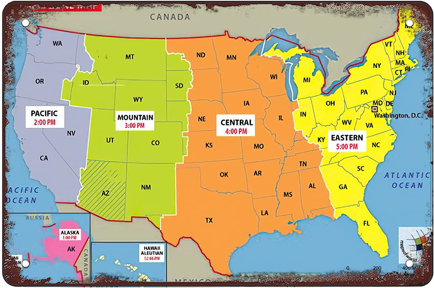 Retro Funny Metal Sign Sheet Signs Tin Sign,USA Time Zone Map, Outdoor ...