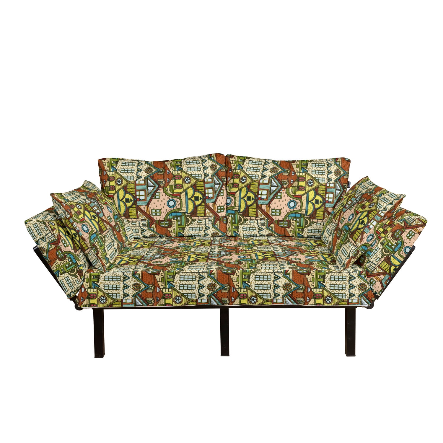 Retro Futon Couch, Hand Drawn Old City in Colorful Tones European ...