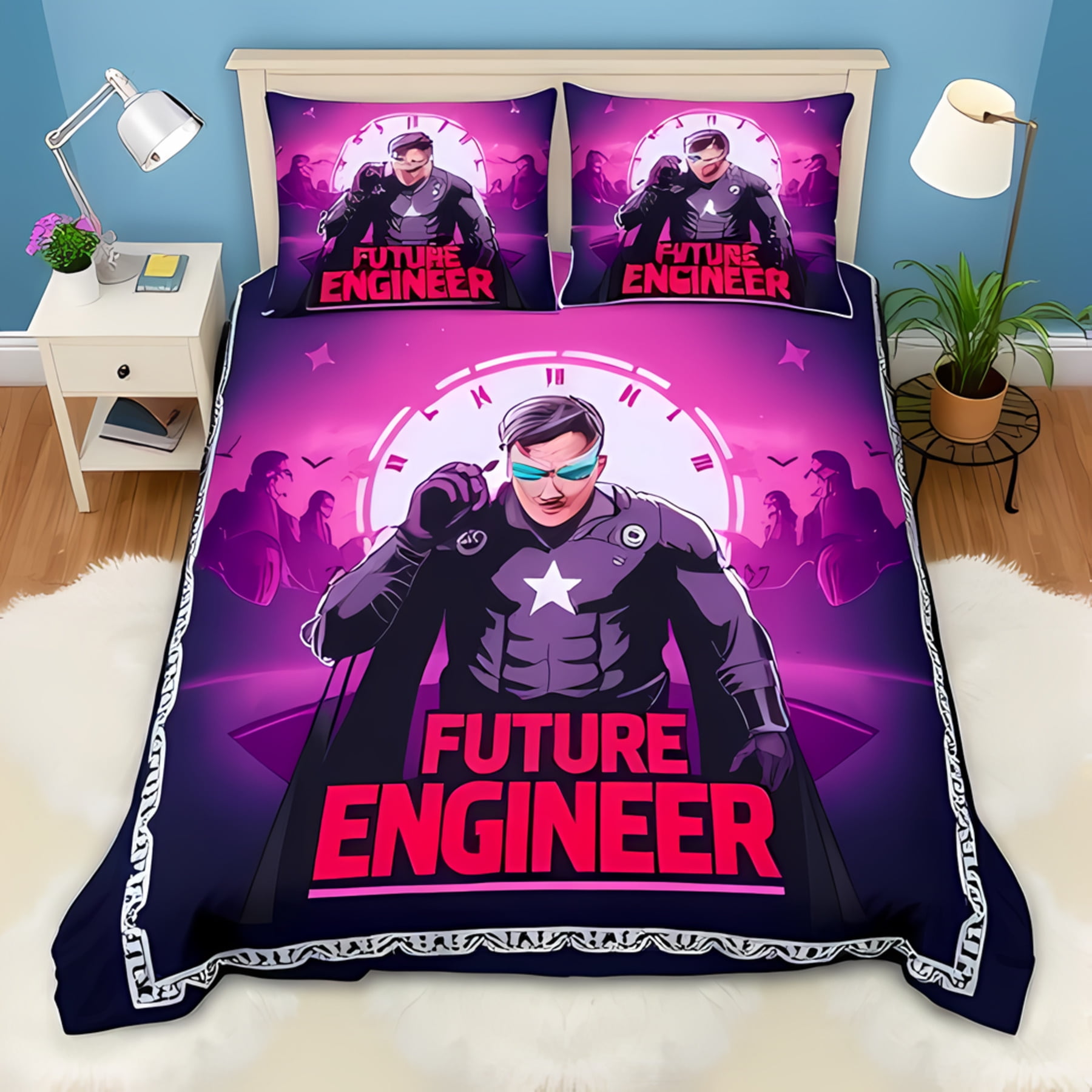 Retro-Futuristic 3-Piece Duvet Cover Set with Design & Bold 'FUTURE ENGINEER' Text on Navy ...