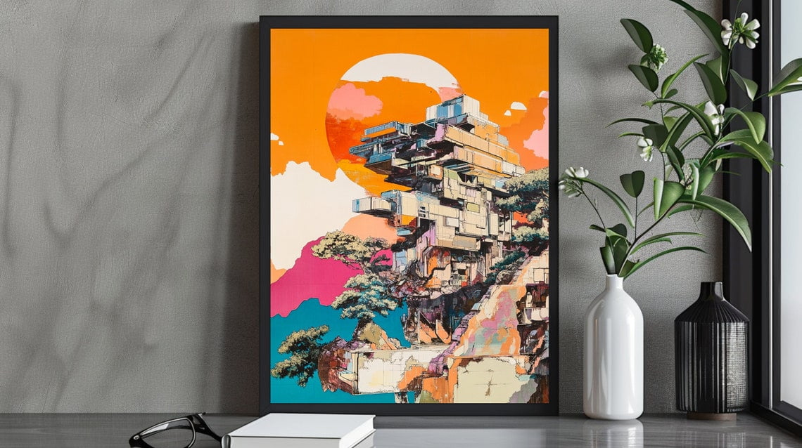 Retro Futuristic Architecture Art Print, Sci-Fi Landscape With ...