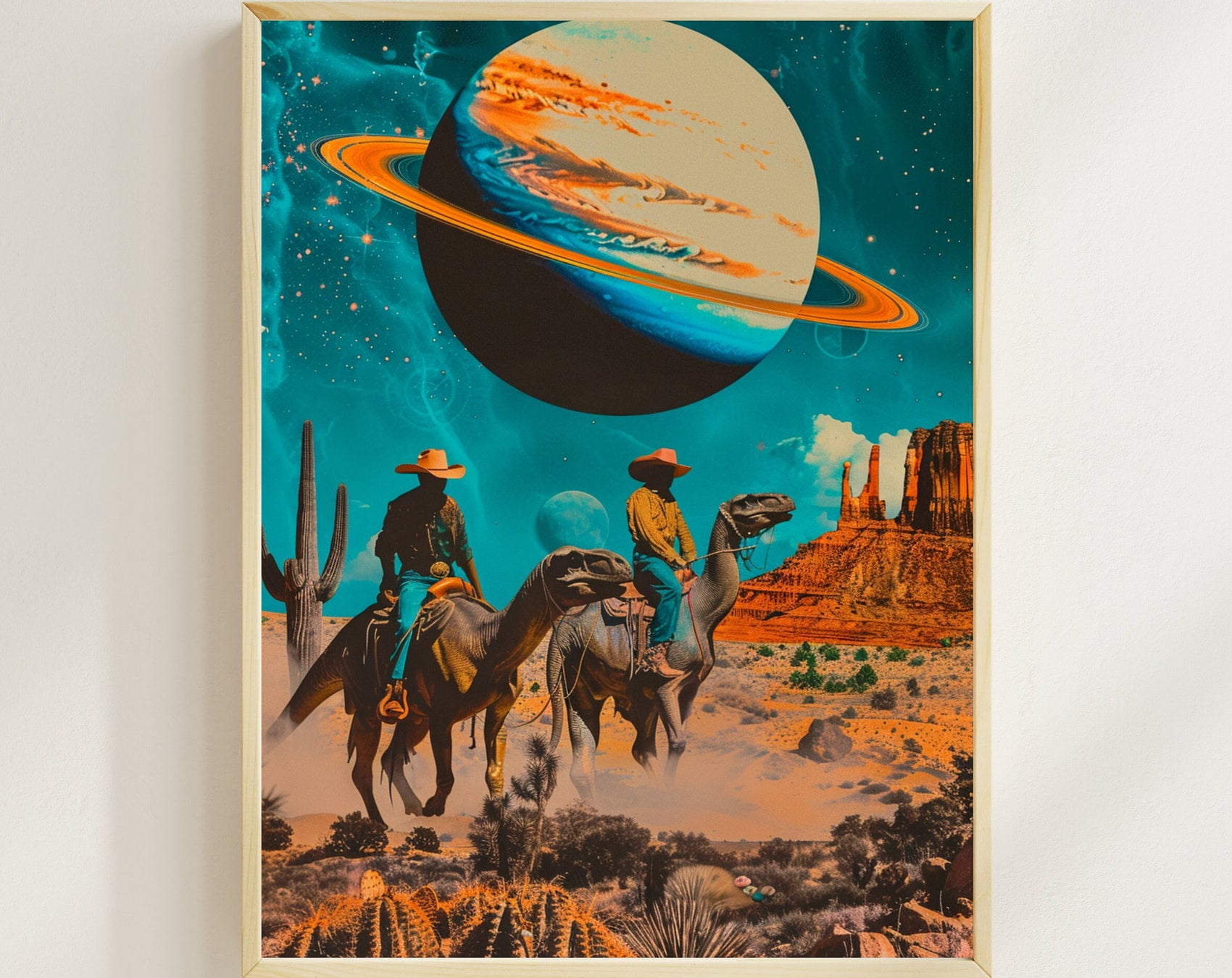 Retro Futuristic Art Vintage Western Sci-Fi Collage Art Space Cowboys Riding Dinosaurs Cosmic ...