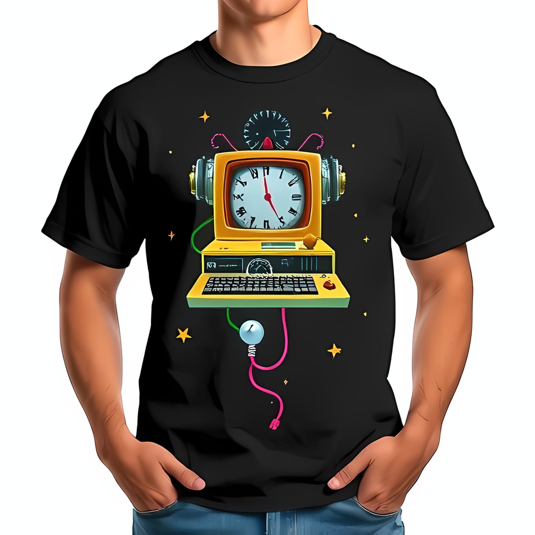 Retro-Futuristic Computer-Clock Graphic T-Shirt for Men - Vintage ...