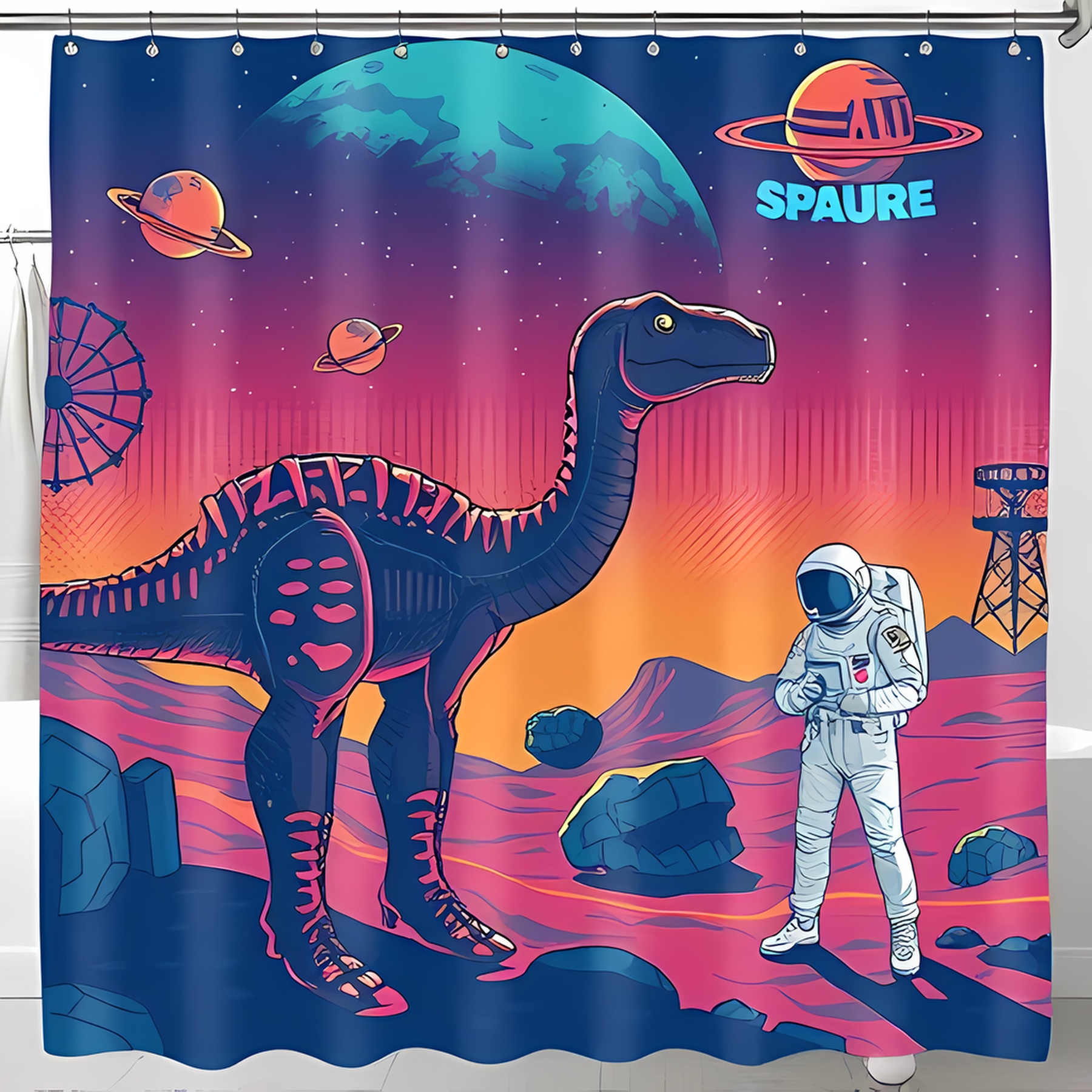 Retro-Futuristic Shower Curtain - Whimsical Space Landscape Planets ...