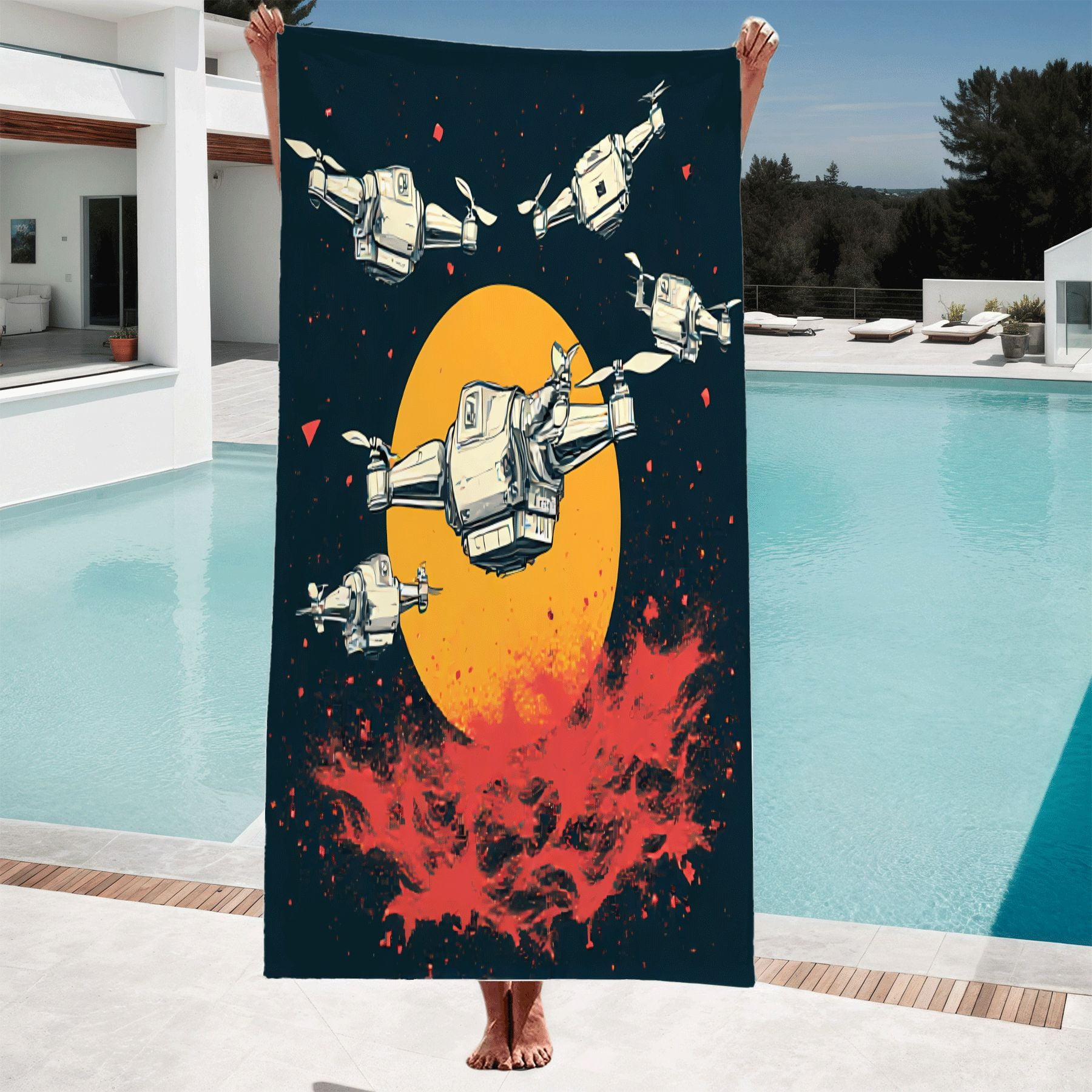 Retro - Futuristic Spacecraft Pattern Beach Towel - Vibrant Design with ...