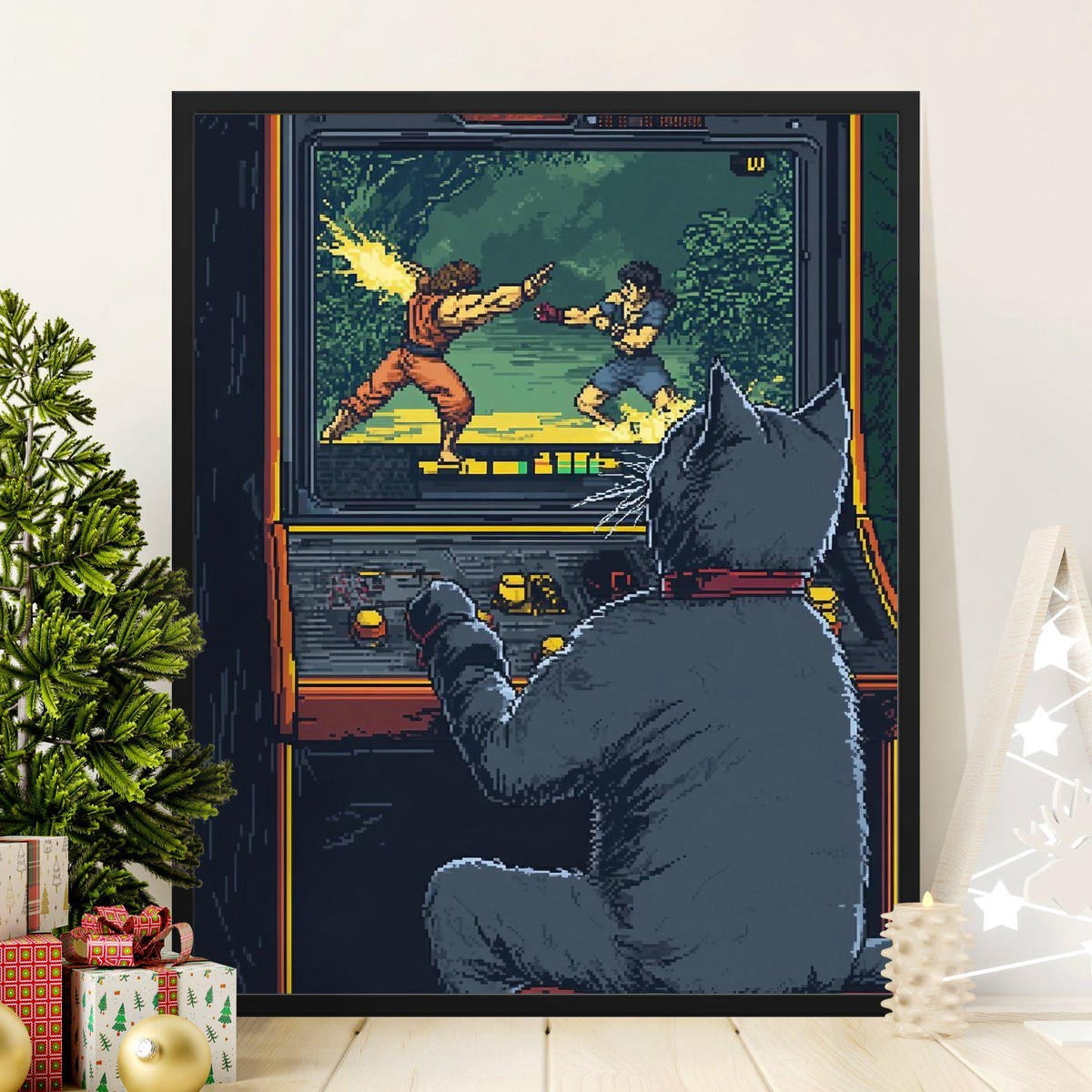 Retro Gaming Pixel Art Poster, Cat Playing Arcade Game, Nerdy Wall ...
