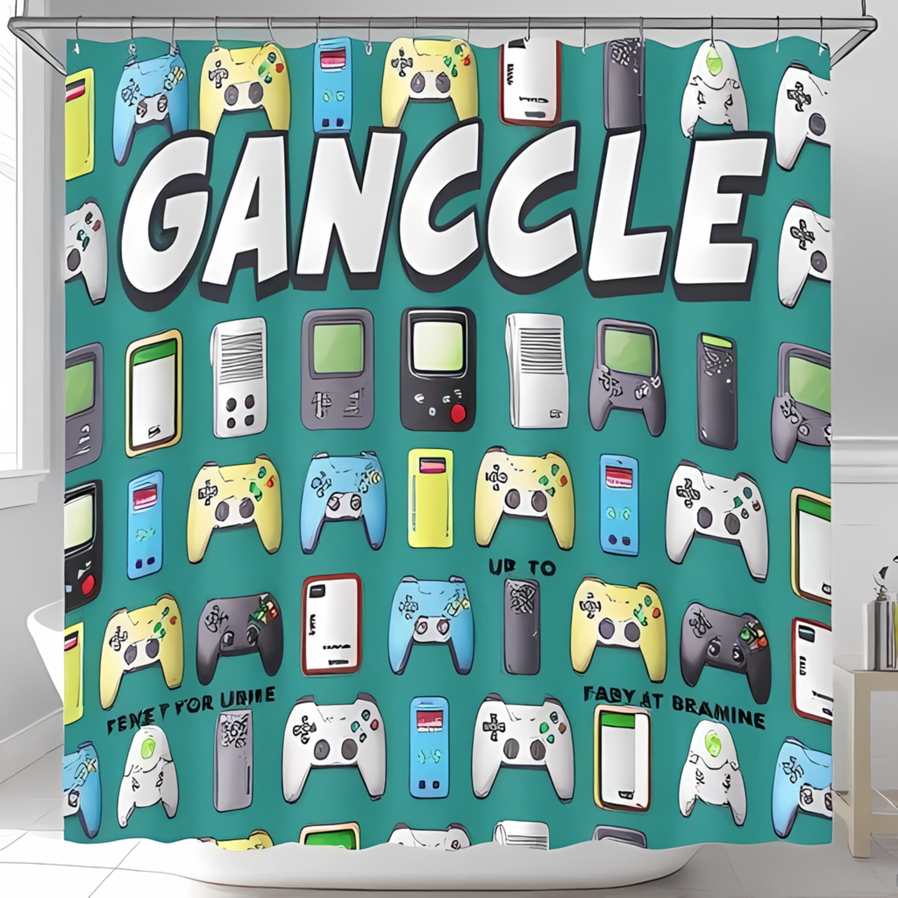 Retro Gaming Shower Curtain with Teal Background Pastel Game Consoles ...