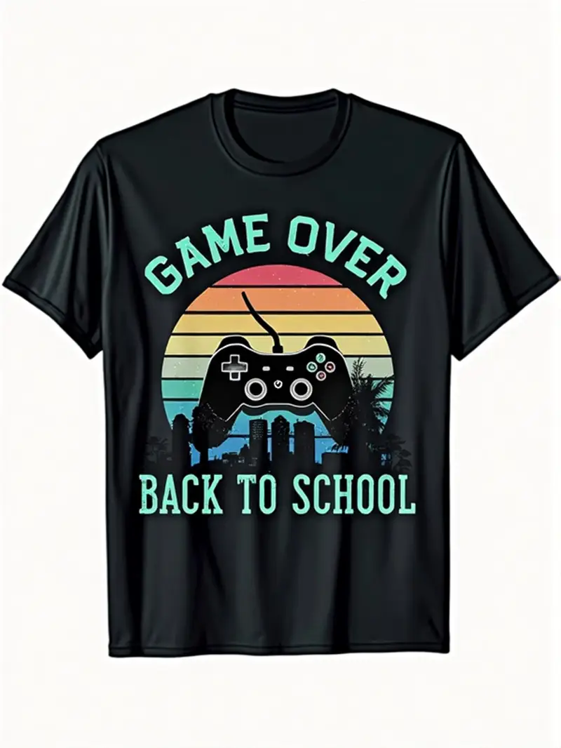Retro Gaming T-Shirt - Black Crew Neck Tee with "Game Over Back to School" Text & Controller ...