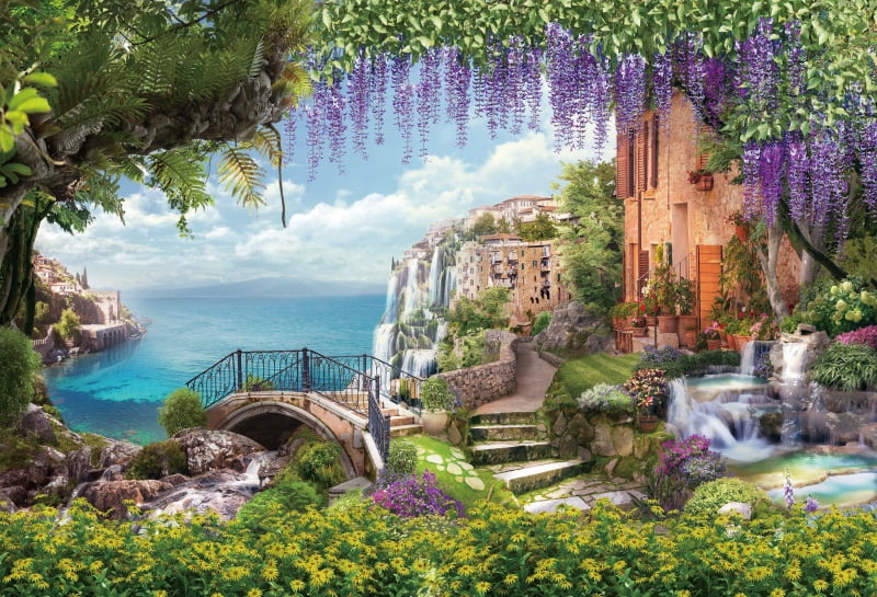 Retro Garden Beautiful Balcony Seascape Scenery Backdrop Romantic ...