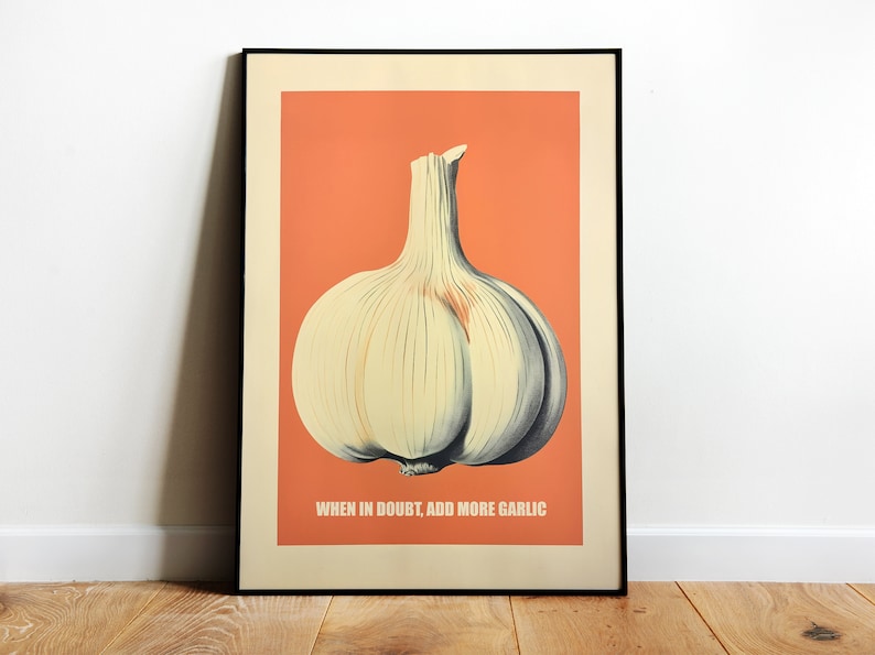 Retro Garlic Print Food Wall Art, Vintage Kitchen Decor, Vegetable ...