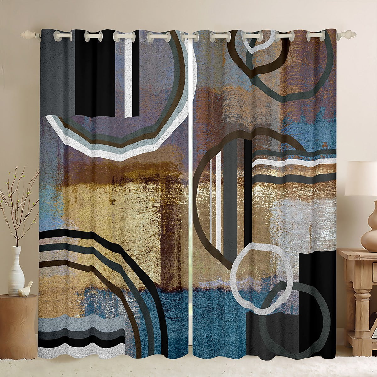 Retro Geometric Blackout Curtains,Vintage Grunge Style Curtains,Brown ...