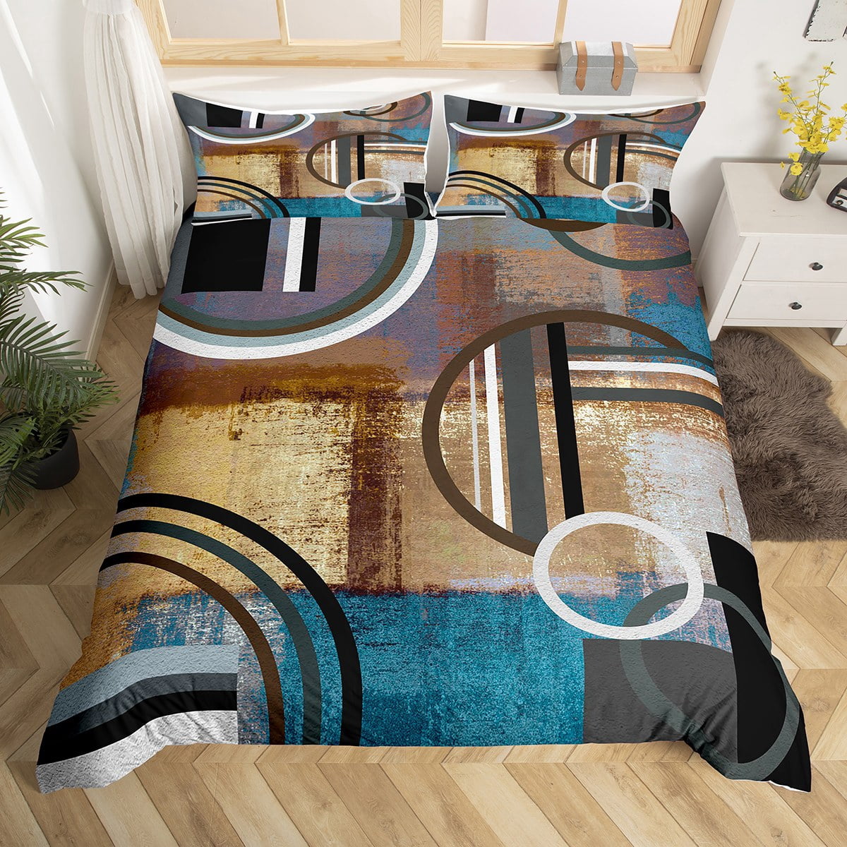 Retro Geometric Duvet Cover Full,Vintage Grunge Style Comforter Cover ...