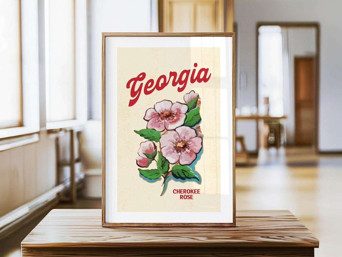 Retro Georgia Art Flower Print Cherokee Rose Poster Georgia Wall Art ...