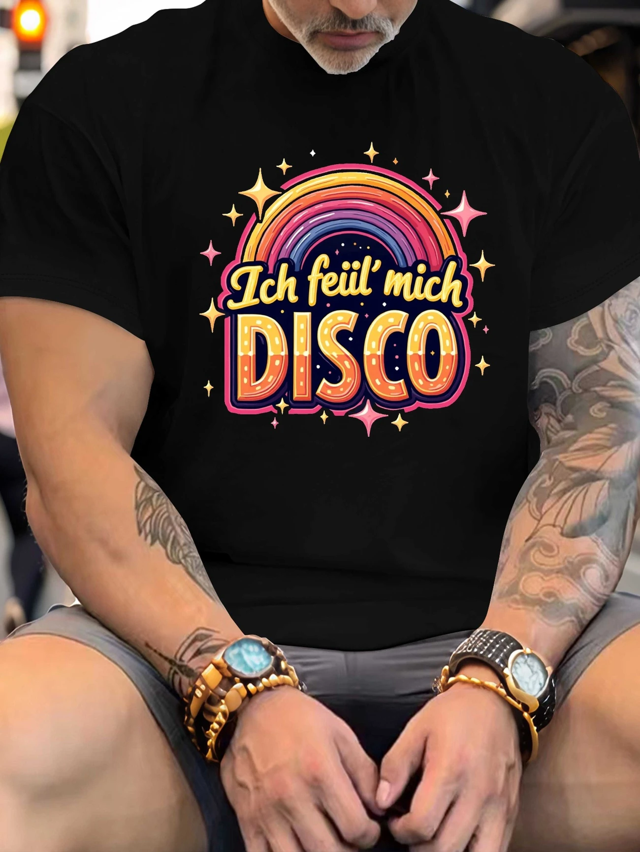 Retro German Disco Quote Crinkle Men's T-Shirt - Black Geometric ...