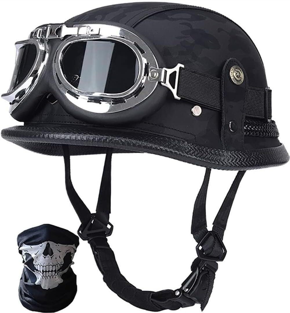 Retro German Leather Motorcycle Half Helmet DOT/ECE Approved for Adult Men Women Open Face ...
